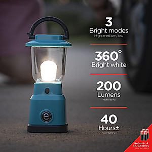 Enbrighten LED Mini Camping Lantern, Battery Powered, 200 Lumens, 40 Hour Runtime, 3 Modes, Night Light for Kids, Ideal for Hiking, Outdoors, Emergency, Snow, Hurricane and Storm, Teal, 49561