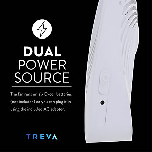 Treva 10-Inch Portable Fan, Powered by Battery and/or AC Adapter - Desk Fan Air Circulating with 2 Cooling Speeds for Personal and Travel Use (White)