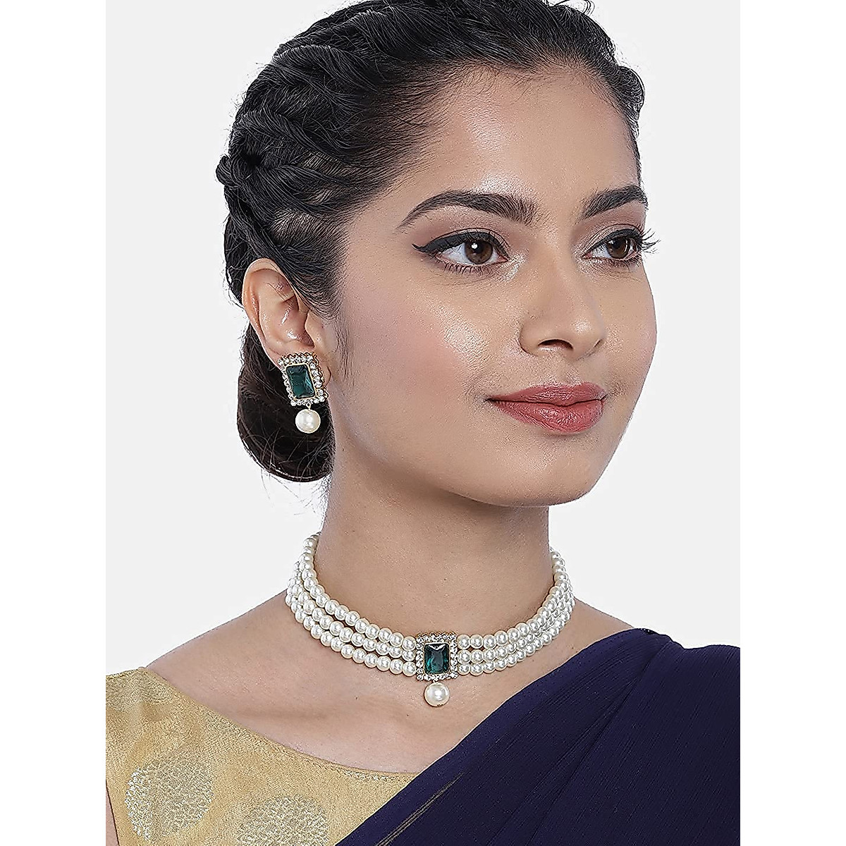 I Jewels Gold Plated Indian Wedding Bollywood Stone Pearl Choker Necklace Jewellery Set For Women (Green)