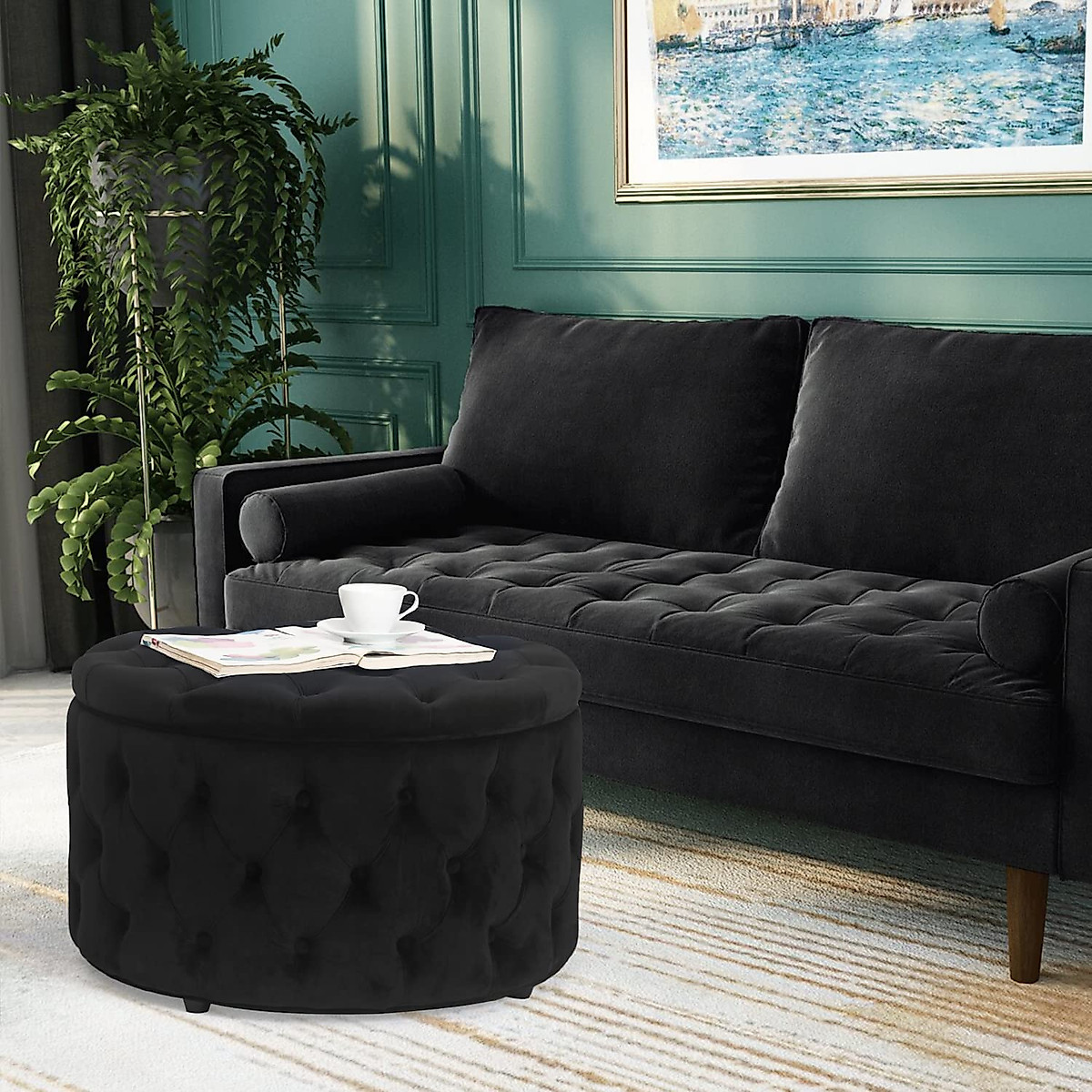Homebeez 28 Inch Round Velvet Storage Ottoman, Button Tufted Footrest Stool Coffee Table for Living Room, Black
