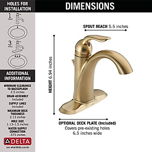 Delta Faucet Lahara Single Hole Bathroom Faucet, Gold Bathroom Faucet, Single Handle, Diamond Seal Technology, Metal Drain Assembly, Champagne Bronze 538-CZMPU-DST