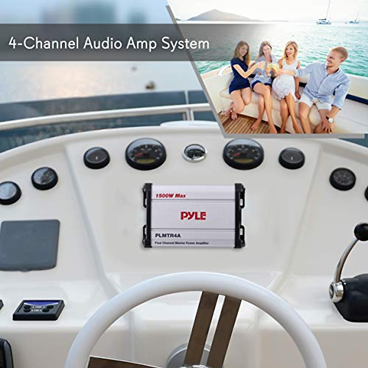 Pyle 4-Channel Marine Amplifier Receiver - Waterproof and Weatherproof Audio Subwoofer for Boat Stereo Speaker & Other Watercraft - 1200 Watt Power, Wired RCA, AUX and MP3 Audio Input Cable - PLMTR4A