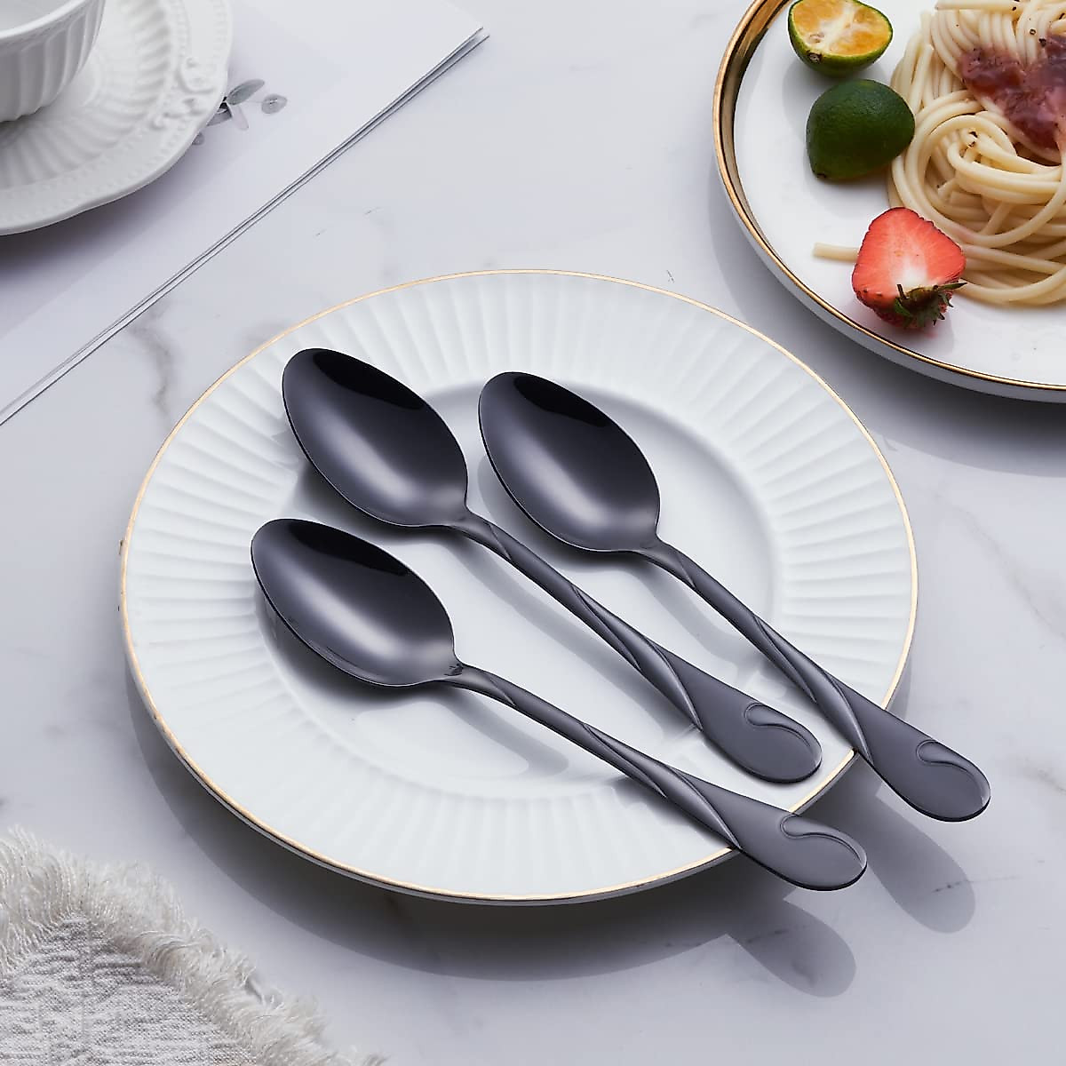 Black Dinner Spoon Set, Seeshine 7.6-inch Stainless Steel Shiny Black Soup Table Spoon Silverware, Set of 6