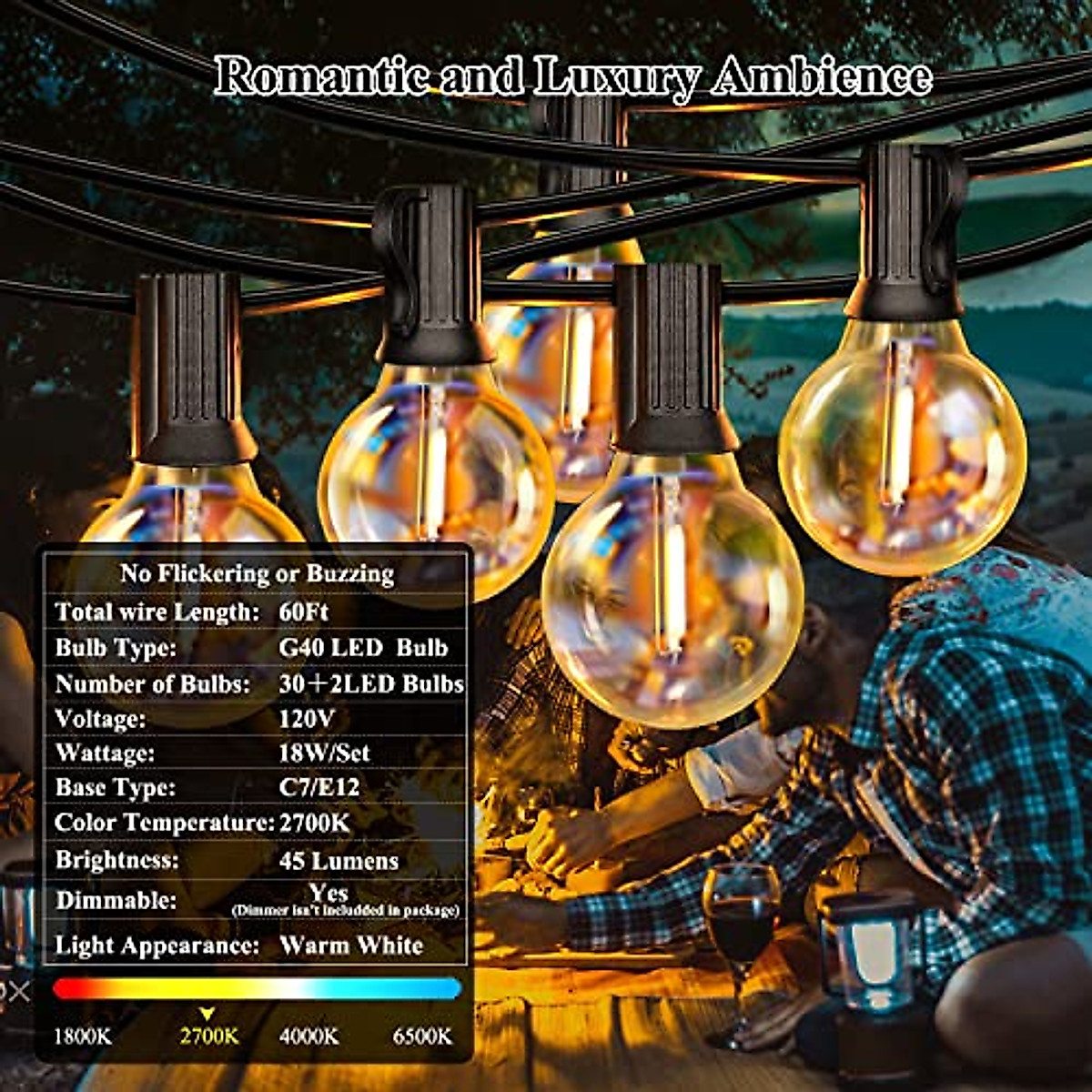 Supzimo 60Ft Outdoor String Lights Waterproof Patio Lights with 32 Shatterproof Dimmable G40 Bulbs, 2700k Commercial Hanging Lights for Outside Backyard Porch Bistro Balcony Garden Party Decor