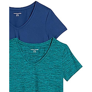 Amazon Essentials Women's Tech Stretch Short-Sleeve V-Neck T-Shirt (Available in Plus Size), Pack of 2, Navy/Teal Blue Space Dye, Large