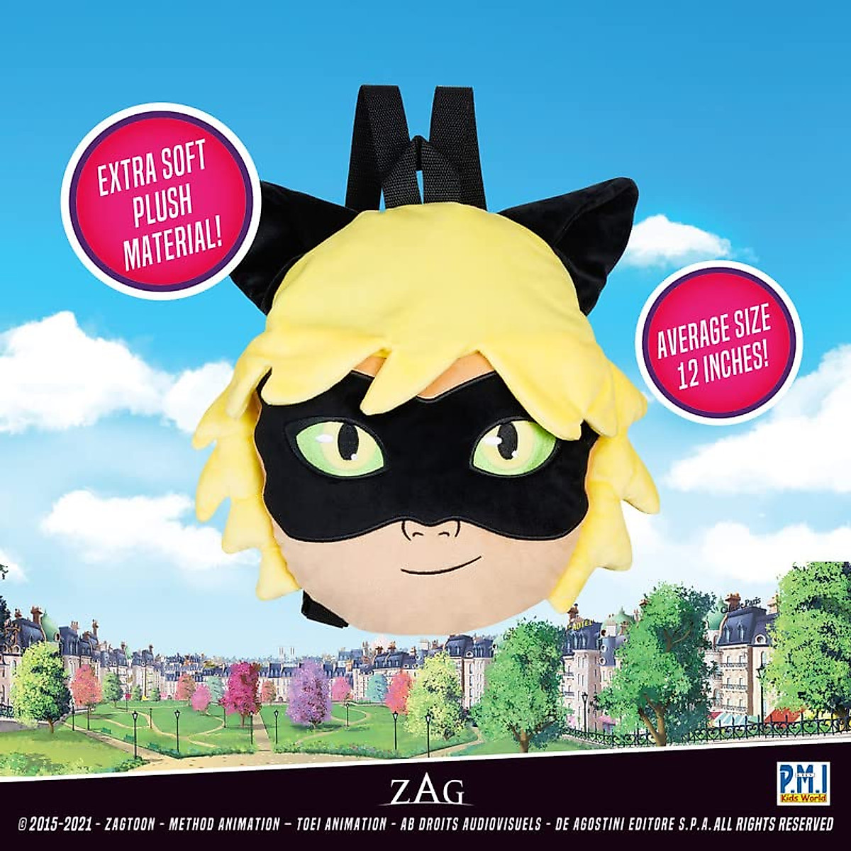 P.M.I. Miraculous Ladybug Plush School Backpack | One of Two 12-Inch-Tall Collectibles | Miraculous Ladybug Toys and Playable Plush Backpacks | Cat Noir
