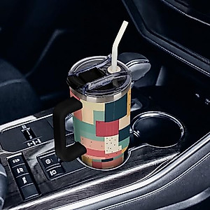 Colorful Blocks 40 Oz Stainless Steel Cup Travel Tumbler with Handle and Straw Lightweight Coffee Mug for Home Office