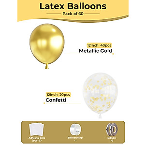 Adeyoo Metallic Gold Party Balloons,60pcs Gold Confetti Balloons Set,12 Inch Natural Latex Balloons Sparkle Balloons Metallic Balloons with Ribbon for Birthday Graduation Anniversary Party Decorations