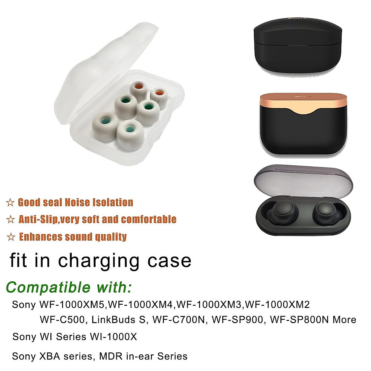 Luckvan Memory Foam Eartips for Sony LinkBuds S/WF-C500 Earbuds Tips Sony WF-1000XM4/1000XM3/WF-1000XM5 WF-XB700 WF-SP900 fit Charging Case 3 Pairs LMS White