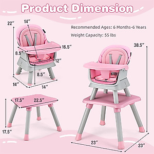 HONEY JOY 8 in 1 Baby High Chair, Convertible Highchair for Babies and Toddlers/Table and Chair Set/Building Block Table/Booster Seat/Stool/Toddler Chair with Safety Harness (Pink)