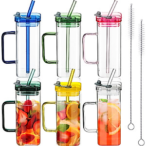 Rtteri 6 Sets Square Glass Cups with Lids and Straws Coffee Cups with Handle Drinking Glasses Wide Mouth Multi Colored Glass Tumbler with Handle for Home Employee Coworkers (16 Oz, Medium)