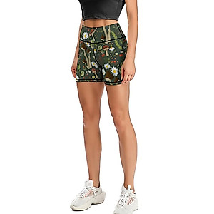 Green Flower Mushroom Daisy Camouflage Floral Women's High Waist Bike Shorts for Workout Sports Athletic Running Hiking Biker Yoga Gym XL Size