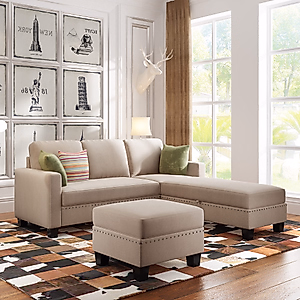 FIQHOME 81" Reversible, L-Shaped Couch with Storage Ottoman,Sectional Chaise,Nailheaded Textured Fabric 3 Pieces Sofa Set,Warm Grey