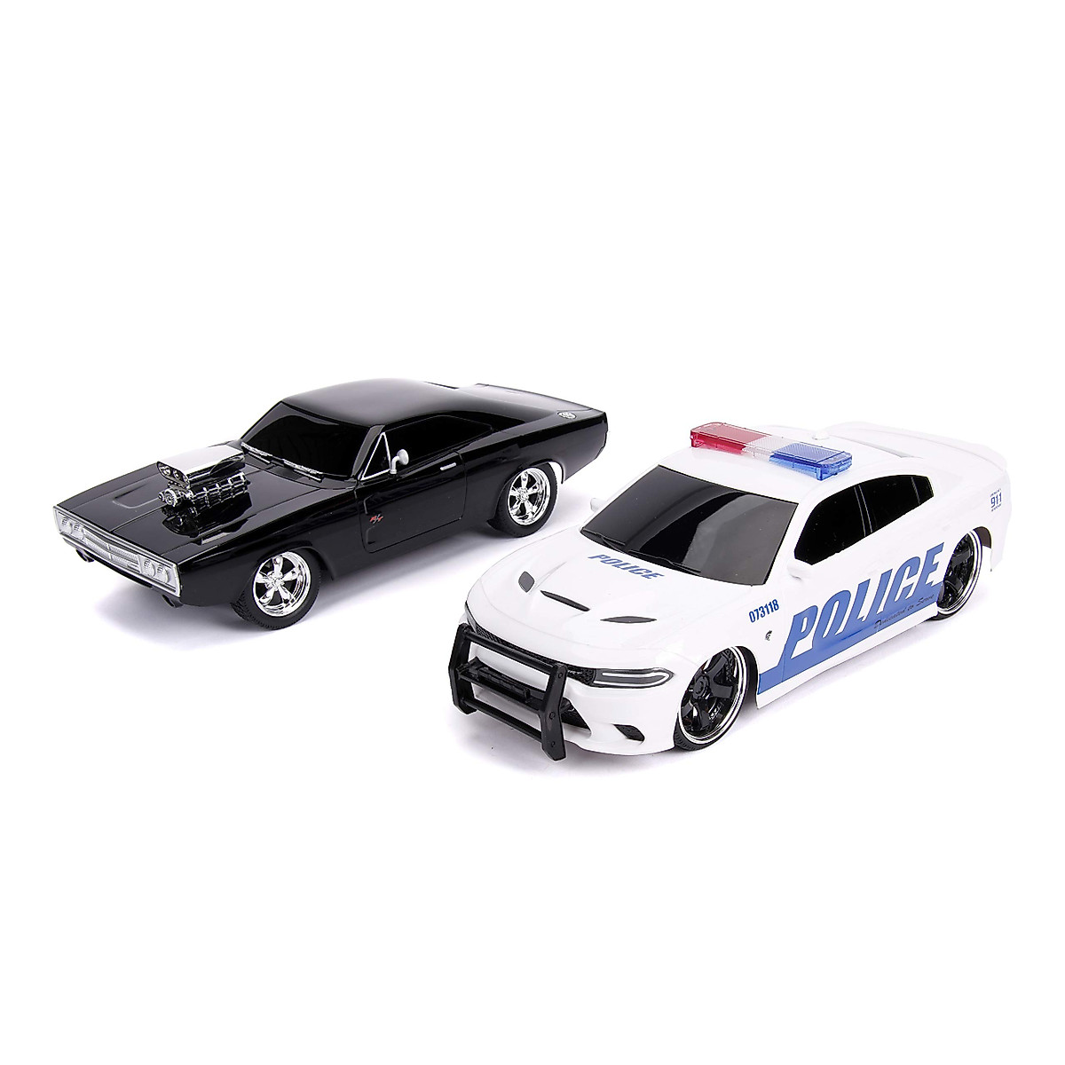 Jada Fast & Furious Chase Twin Pack- Dom's Dodge Charger R/T & Dodge Charger SRT Hellcat, Police & Chase Car Rc, USB Charged, Black and White