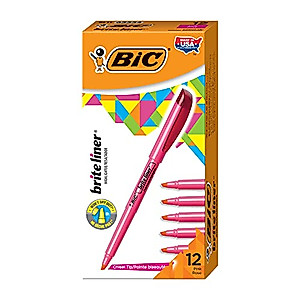 BIC Brite Liner Highlighter, Chisel Tip For Broad Highlighting & Fine Underlining, Pink, 12-Count