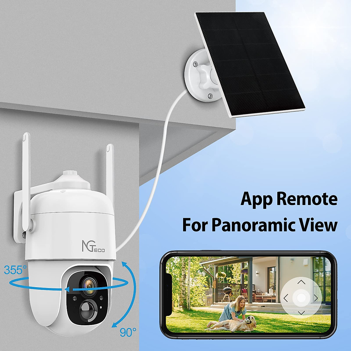 NGTeco Solar Security Cameras Wireless Outdoor with Solar Panel, Rechargeable Battery Powered IP65 Waterproof 1080P 2.4G WiFi Cameras for Home Security, 30 Days Free Cloud Storage