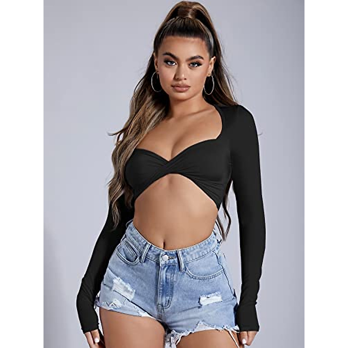 SheIn Women's Long Sleeve Crop Top Notch Neck Solid Twist Front Tee Shirt Black S