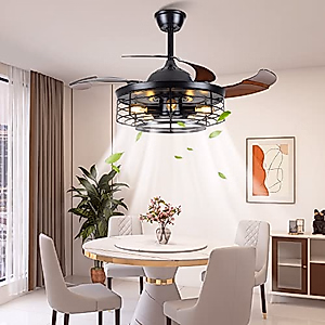 Asyko Retractable Ceiling Fans with Lights and Remote-Caged Farmhouse Ceiling Fan Lights Black, Rustic Industrial Ceiling Fan with Light for Patio Living Room Bedroom（42'' Bulb Included）