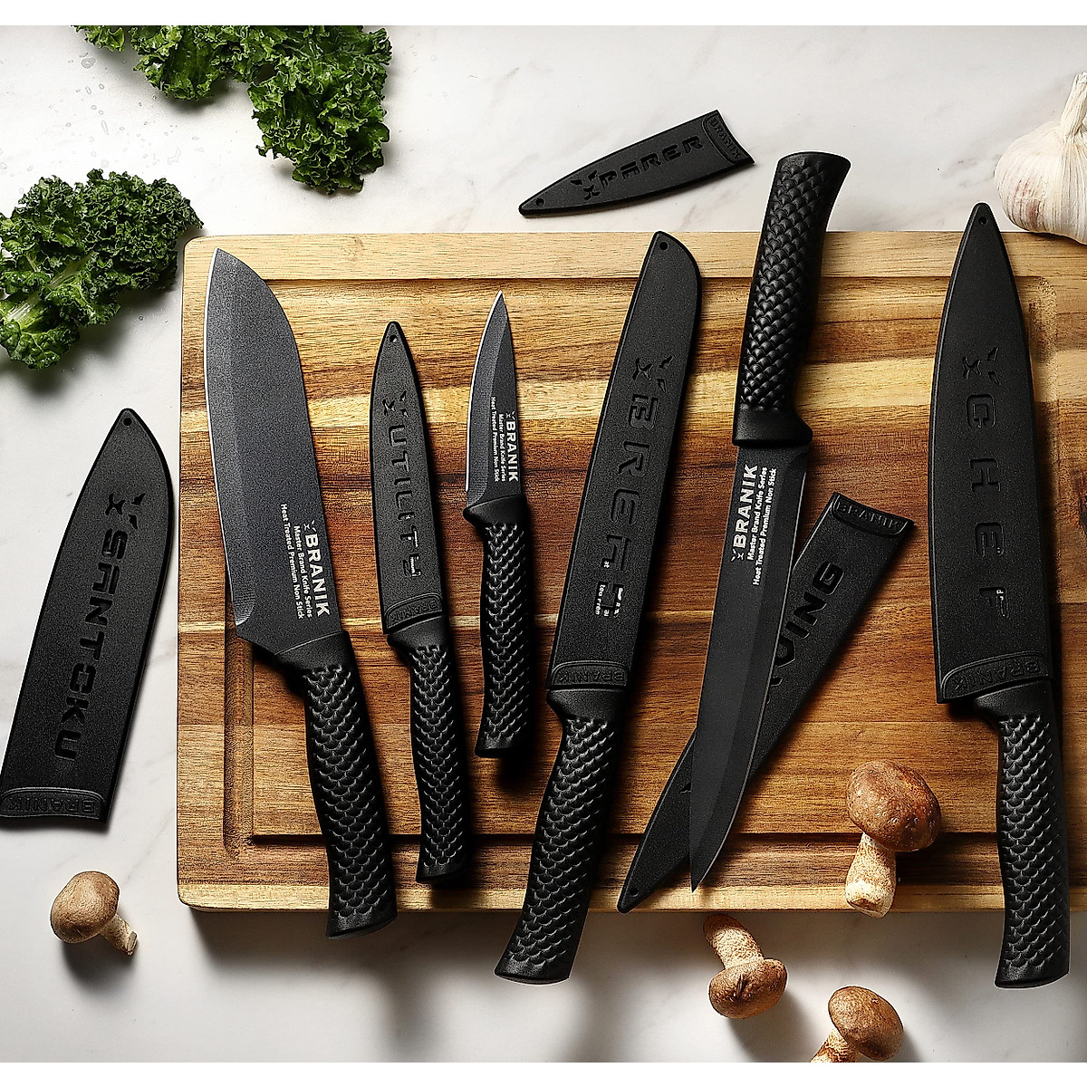 BRANIK 6Pc Black Kitchen Knife Set with Protective Sheaths & Giftbox, Premium German Steel with Special Non-Stick Coating making them Dishwasher Safe. Sharp black knives set for kitchen Knife set.