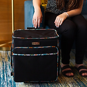 Everything Mary Black & Floral Rolling Scrapbook Storage Tote - Scrapbooking Storage Case for Rings, Paper, Binder, Crafts, Beads, Scissors - Telescoping Handle with Dual Wheels