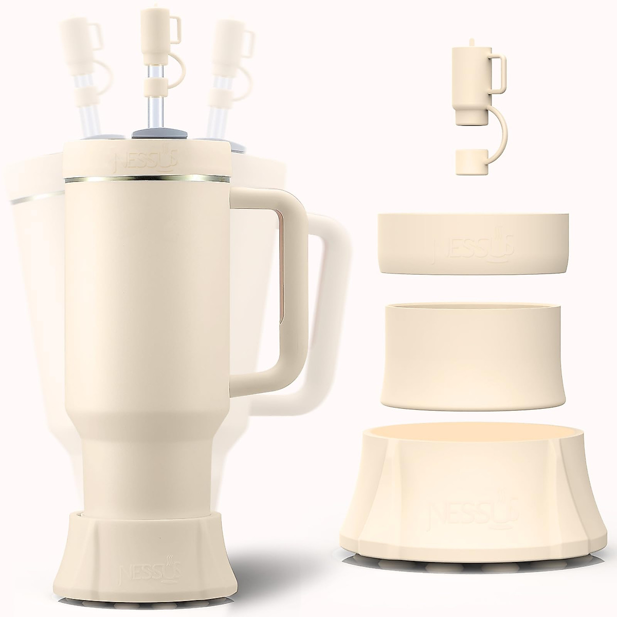 NESSUS 5Pcs Stanley Cup Accessories, Silicone Boot Sleeve with Bottom Holder Protector, Straw Cover, Dual Protective Ring and Sticker, Compatible with Stanley Quencher 40oz 30oz(Tumbler Not Included)