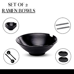 MORGY Unbreakable Set of 2 Ramen Bowls with chopsticks and Spoons- 42 OZ Japanese Style Black Noodle Soup Bowls Set- Asian Soup Bowl for Ramen, Pho, Salad, Poke, Soup, Chopstick Holders