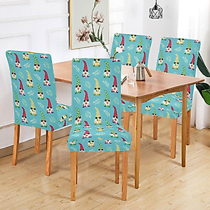 JUNZAN Cute Summer Gnomes with Sunglasses Tropical Plant Blue Chair Back Covers Set of 4 Spandex Folding Chair Covers Large Dining Chair Cover for Folding Chairs Dinning Room