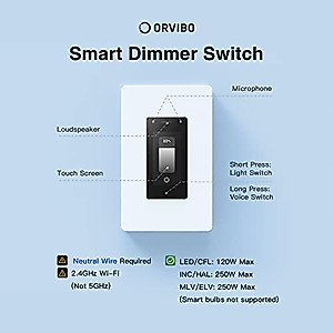 ORVIBO Matter Smart Touchscreen Dimmer Switch, 2.4GHz WiFi Dimmer Light Switch with Home Talk | Voice Control | Works with Alexa & Google Home | Timer & Schedule | Single Pole | Neutral Wire Required