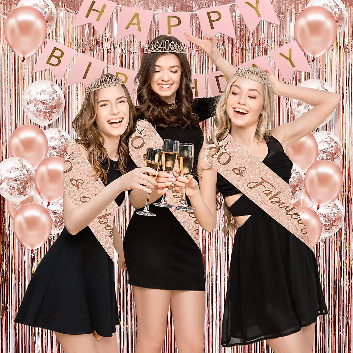 40th Birthday Decorations Women, Happy 40th Birthday Banner, Crown, Sash, Cake Topper And Number Balloon, Rose Gold 40 Birthday Party Decorations For Women