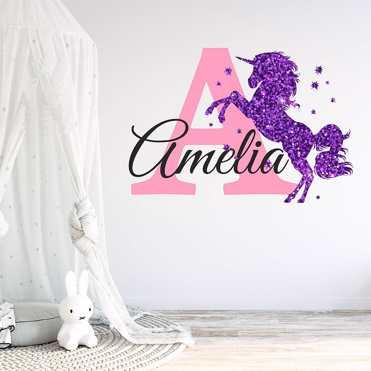 Nursery Girls Purple Glitter Sparkle Printed Unicorn Custom Personalized Name and Initial Wall Decal, Wall Decor Wall Stickers (Medium)