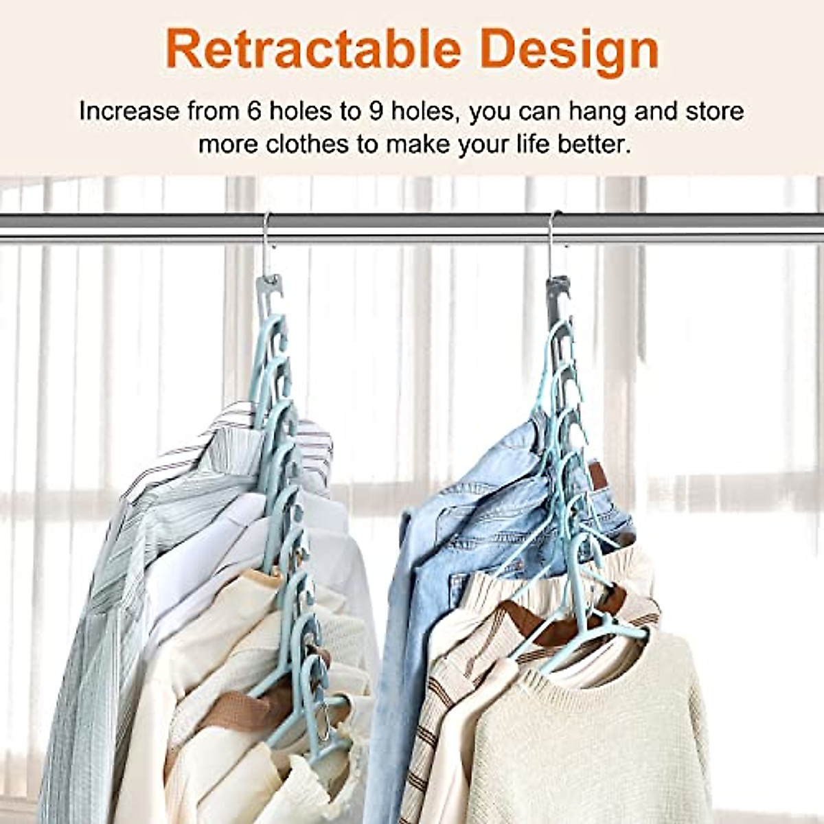 Sindax Space Saving Hangers Telescopic, 6 Holes Clothes Hangers Adjustment to 9 Holes, Upgraded Sturdy Metal Clothes Hangers Space Saving for Heavy Clothes, Closet Organizers and Storage - 5 Pack