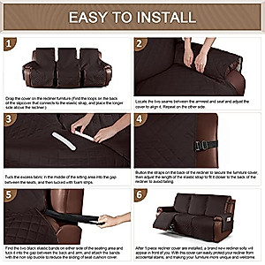 KinCam Waterproof Recliner Sofa Cover, Non-Slip Reclining Couch Covers for 3 Seat, Recliner Couch Cover Furniture Protector with Elastic Straps for Pets, Kids, Dark Chocolate