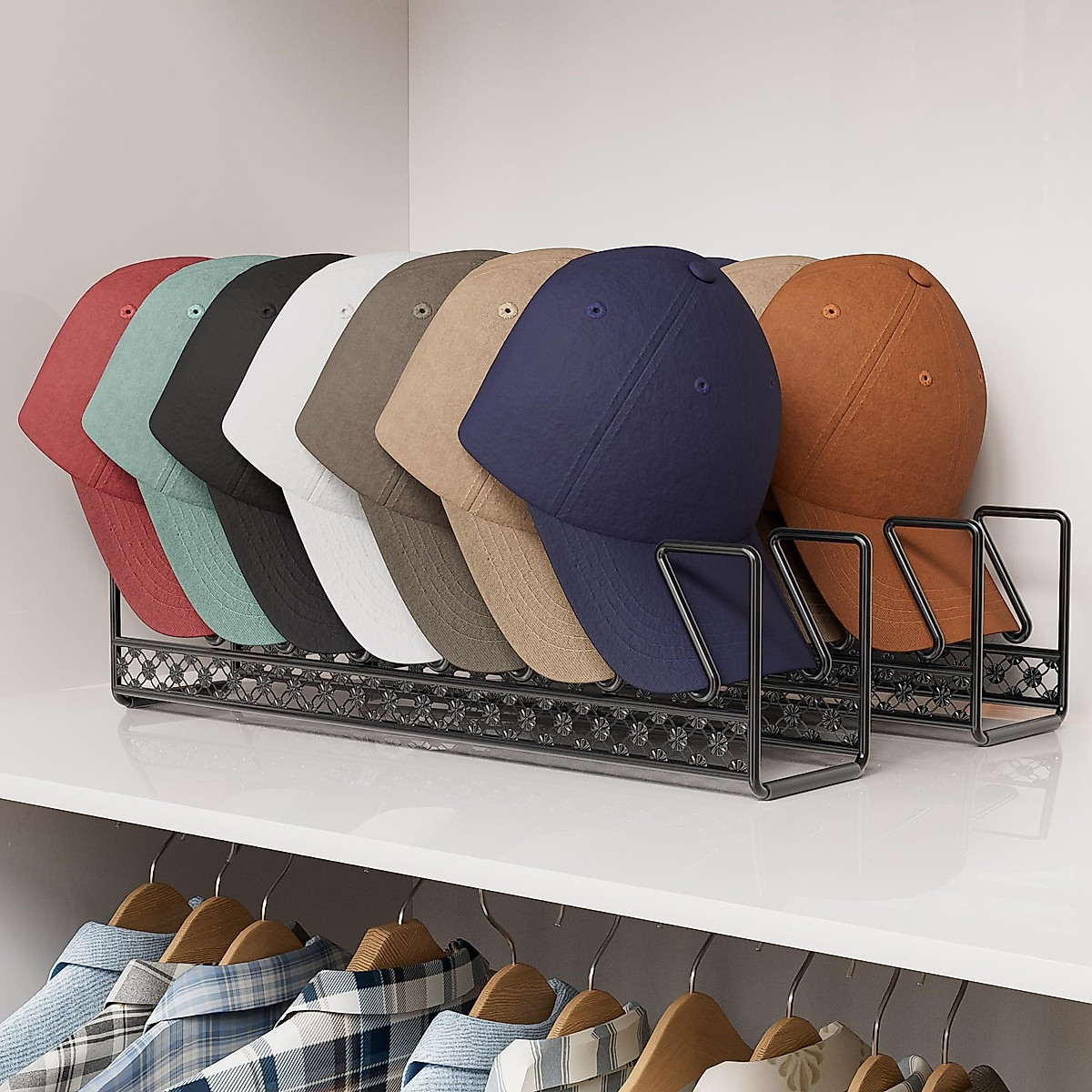EKNITEY Hat Organizer for Baseball Caps - 2 Pack Black Metal Cap Display Rack for Closet and Wall Mounting