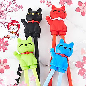 Nuanchu 4 Pairs Training Chopsticks for Kids Beginner Adult Cute Tableware Reusable with Attachable Learning Chopstick Helper, 4 Colors, Lucky Cat
