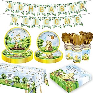 177pcs Vintage Winnie Bear Baby Shower Pooh Party Supplies Decorations Oh Baby Plates and Napkins Tableware Set for Boys Girls Newborn Kids Cups Tablecloth Banner Birthday Decorations for 25 Guests