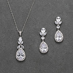 SWEETV Wedding Jewelry for Bride, Silver Teardrop Cubic Zirconia Necklace Earrings Set, Bridal Jewerly Set for Wedding Porm