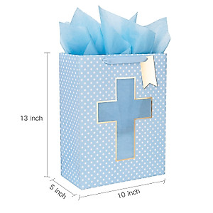 Loveinside Blue Gift Bag with Cross Design, Tissue Paper for Baby Boy Baptisms, Christenings, First Communions Religious Occasion- 10" x 5" x 13", 1 Pcs