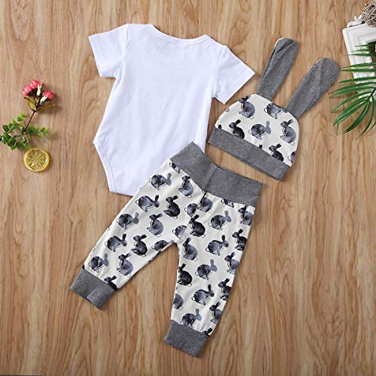 Newborn Baby Girls Boys Easter Outfits My 1st Easter Romper + Bunny Pants + Rabbit Ears Hat (Grey, 0-3 M)