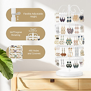 LASZOLA 5 Tiers Metal Earring Holder Organizer, Stable Rotating Jewelry Display Stand for Women Girls, 400 Holes and Grooves Earring Spin Table Rack Tower Tree for Necklace Bracelet Ring - White