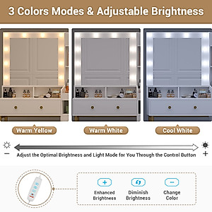 AOGLLATI Makeup Vanity with Lights in 3 Colors, Vanity Desk with Mirror and Lights, White Vanity Table with Charging Station, Makeup Desk with Unique Separation Design