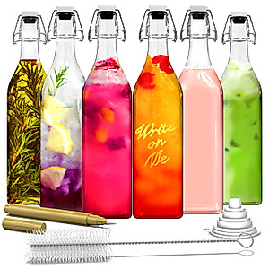 Nevlers 33 Oz Square Swing Top Glass Bottles with Lids for Juicing | Limoncello Bottles | 6 Pack Glass Airtight Bottle | Flip Top Glass Bottle With Stopper | Mead & Beer Brewing Bottles with Caps