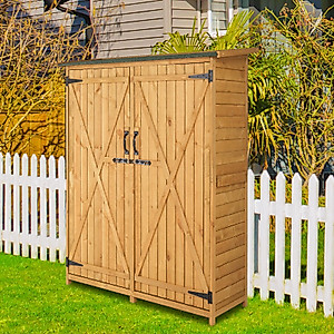 Pinikuyiro Outdoor Storage Cabinet, Wood Garden Shed, Outside Tool Shed, Vertical Organizer Cabinet with Double Lockable Doors for Outside, Garden and Yard