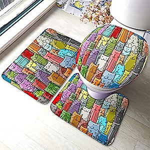 Wondertify Funny Cats Family Bathroom Antiskid Pad Cute Animal Crowd Fun Grace Joy Lazy Love 3 Pieces Bathroom Rugs Set, Bath Mat+Contour+Toilet Lid Cover