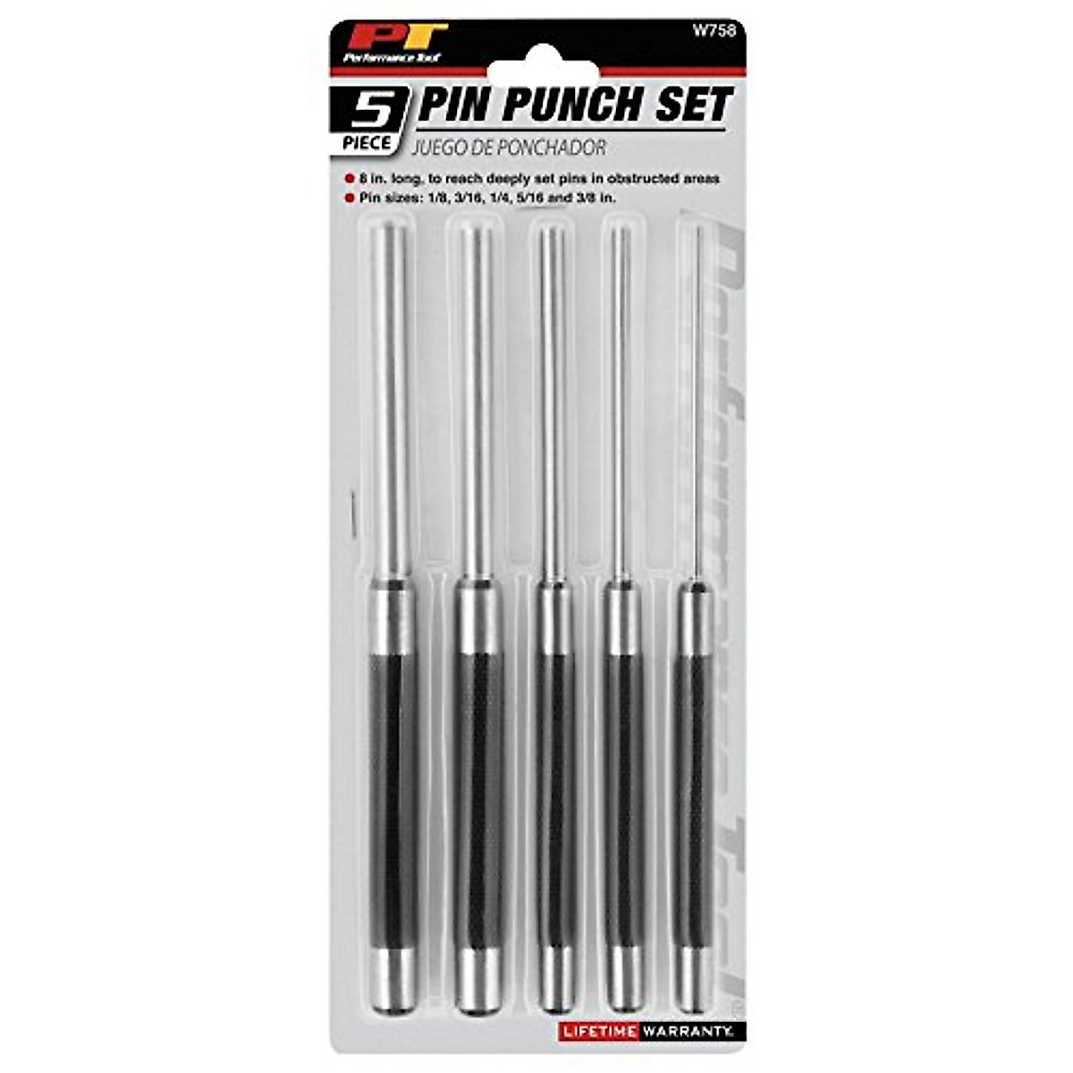 Performance Tool W758 5 Piece 8-Inch Long Carbon Steel Pin Punch Set, Pin Sizes 1/8", 3/16", 1/4", 5/16" and 3/8"