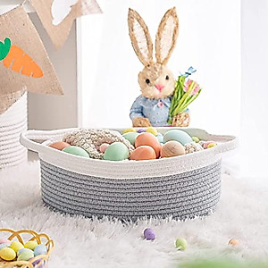 Goodpick Small Woven Basket Cute Gray Rope Basket Cotton Basket Baby Room Storage Basket Dog Toy Basket with Handles Empty Gift Basket for Shelf 12"x 8" x 5" Easter Basket Oval Candy Color Design