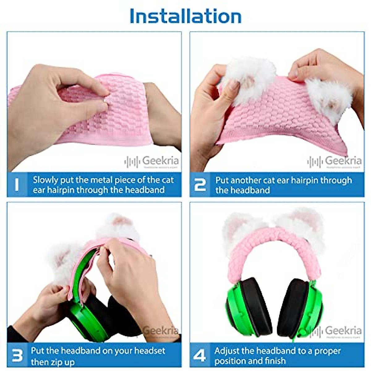 Geekria NOVA Knit Fabric Headband Cover + Cat Ears Attachment Compatible with Razer, SteelSeries, HyperX, Sennheiser, Astro, Sony, Logitech, ATH Headphones, Easy DIY Installation (Pink)