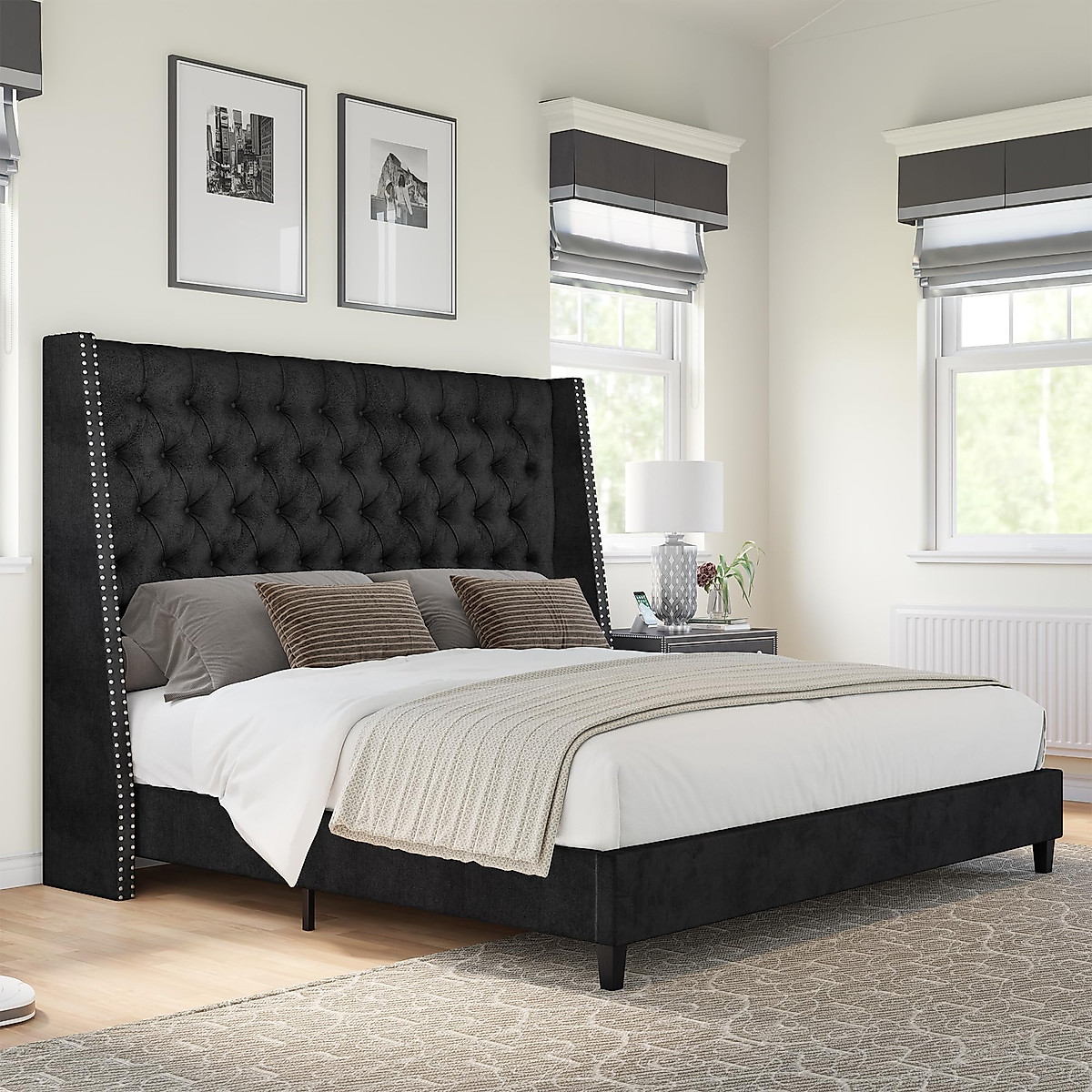 AMERLIFE King Size Nail Button Tufted Wingback Bed Frame, Linen Upholstered Platform Bed with 56" High Wingback Headboard, No Box Spring Needed, Black
