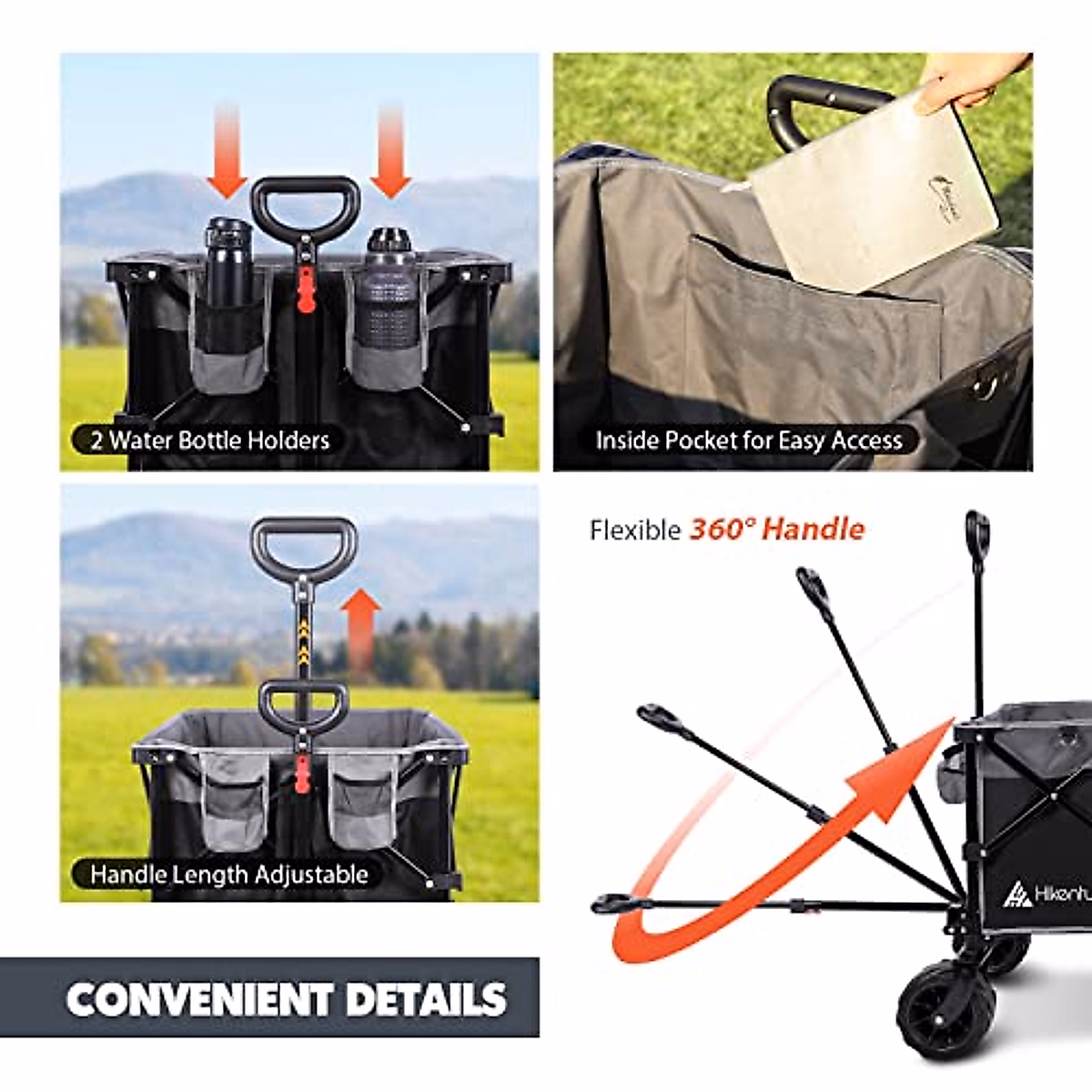 Hikenture Collapsible Wagon with Big Wheels, Enlarged Capacity Beach Wagon for Sand, Heavy Duty Folding Wagon Cart with 2 Drink Holders, Portable Utility Foldable Garden Cart for Outdoor, Camping