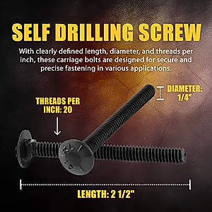 ASMC Industrial 1/4-20 x 2-1/2" Coarse Thread Grade 5 Carriage Bolt - Medium Carbon Steel for Heavy-Duty Fastening - Corrosion-Resistant Black Oxide Finish, Pack of 50