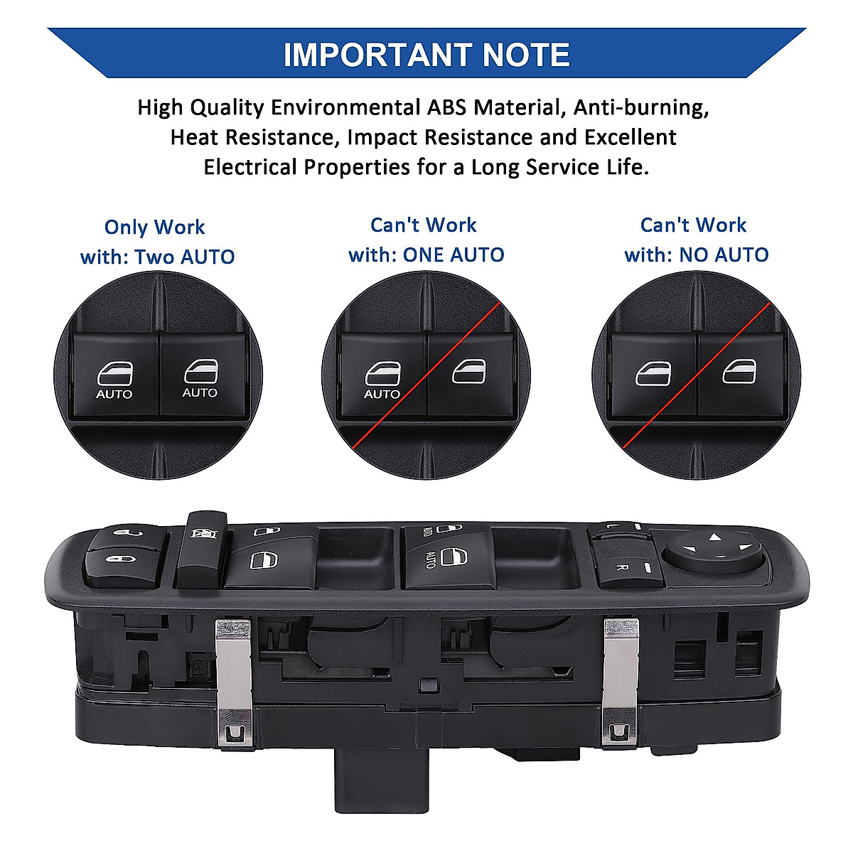 Driver Side Power Window Switch Compatible with 2009-2012 Dodge RAM 1500/2500 / 3500 Quad & Crew Cab Pickup, Double Auto Buttons (Without Power-Fold Mirrors, Replaces 4602863AB, 4602863AC)